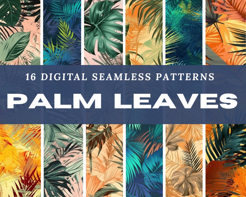 16 Tropical Leaves Digital Patterns Exotic Palm Colors Digital Paper ...