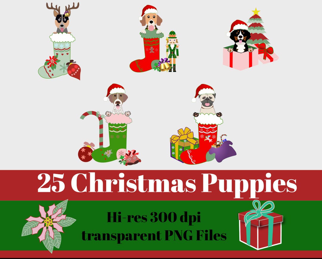 25 Christmas Puppy Clipart, Cute Puppies in Stockings, Puppies in Boxes ...