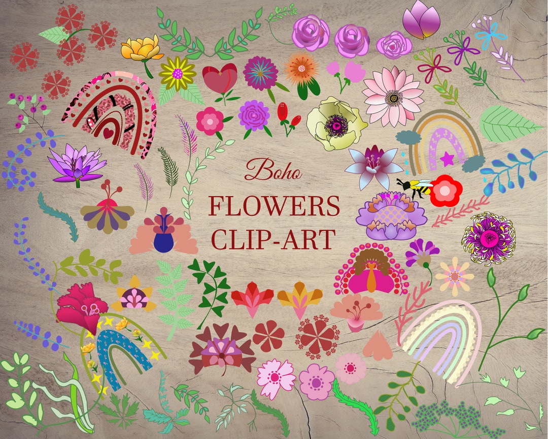 Boho Flower Clipart Set Boho Floral Accessory and Rainbow Greenery ...