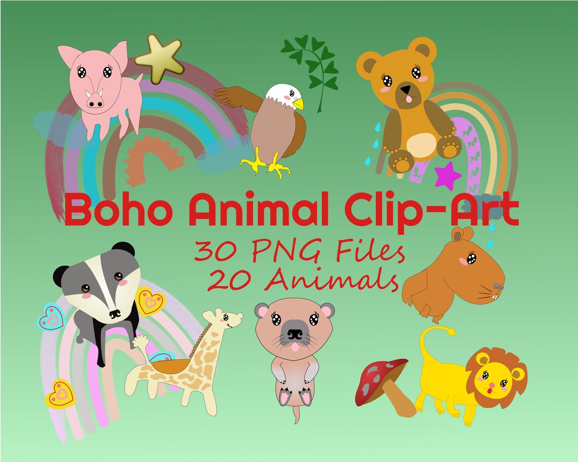 Boho Forest Animals Clipart Set - Rainbow, Leaf, Mushroom, Boar, Badger ...