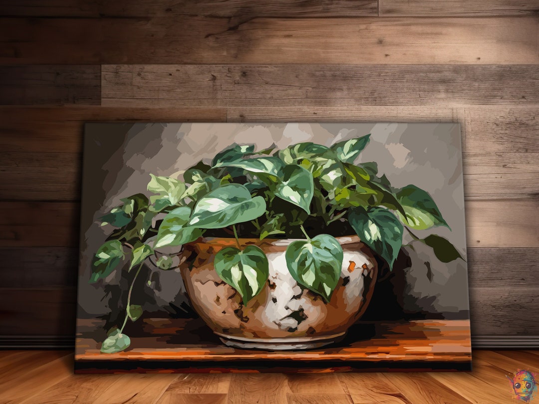 Marble Queen Pothos Abstract Wall Art, Botanical House Plant Canvas ...