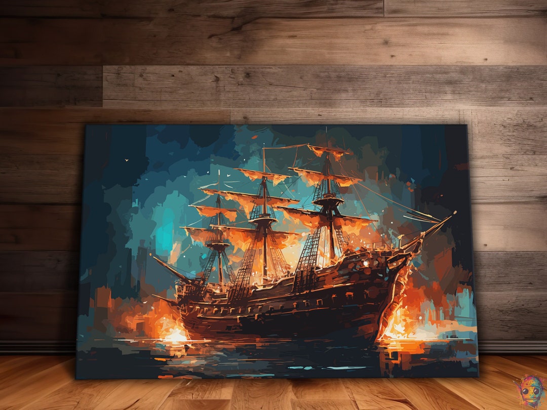 Pirate Ship on Fire Wall Art, Ship Canvas, Sailing Ship Painting ...