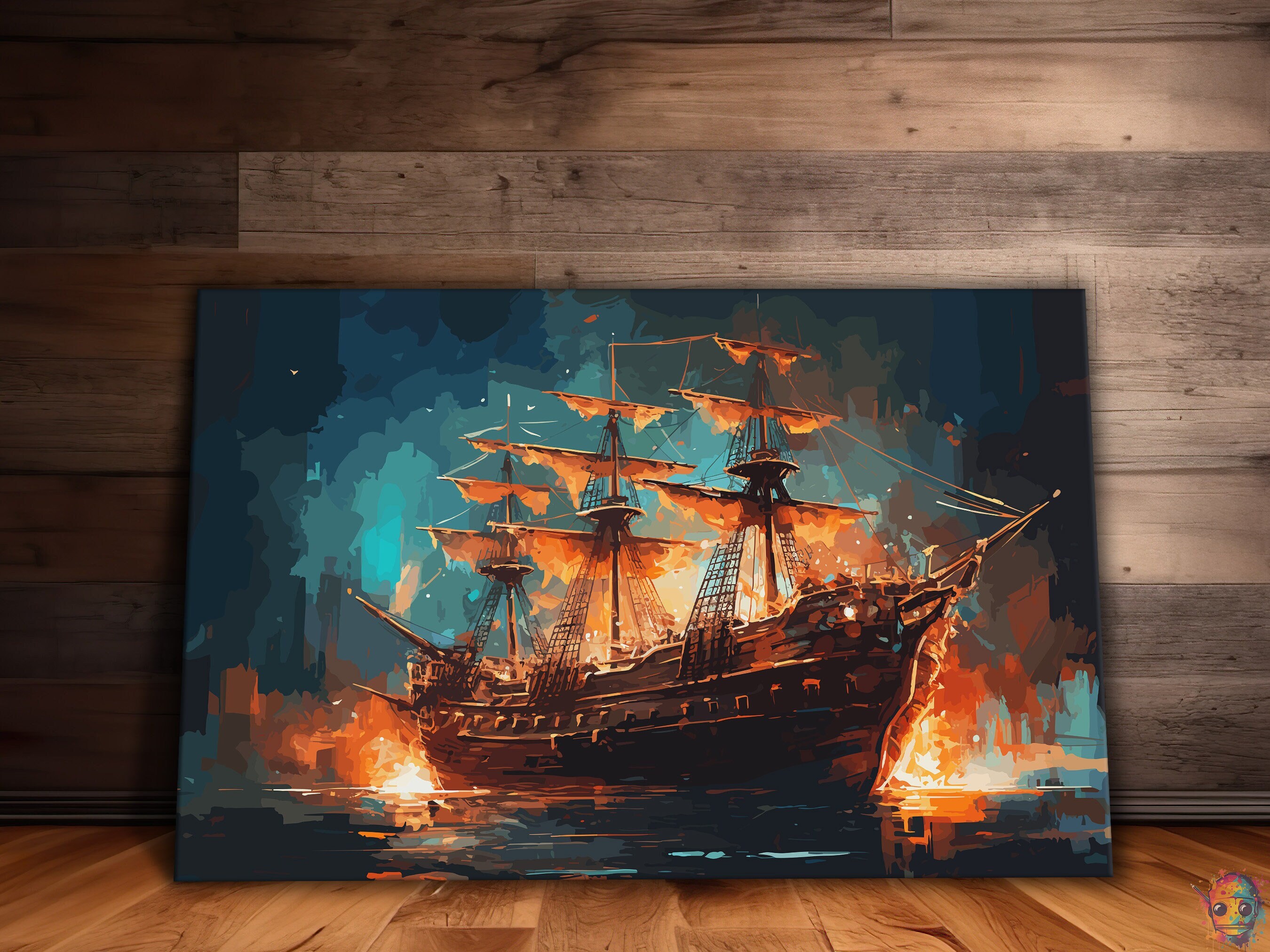 Pirate Ship on Fire Wall Art, Ship Canvas, Sailing Ship Painting ...