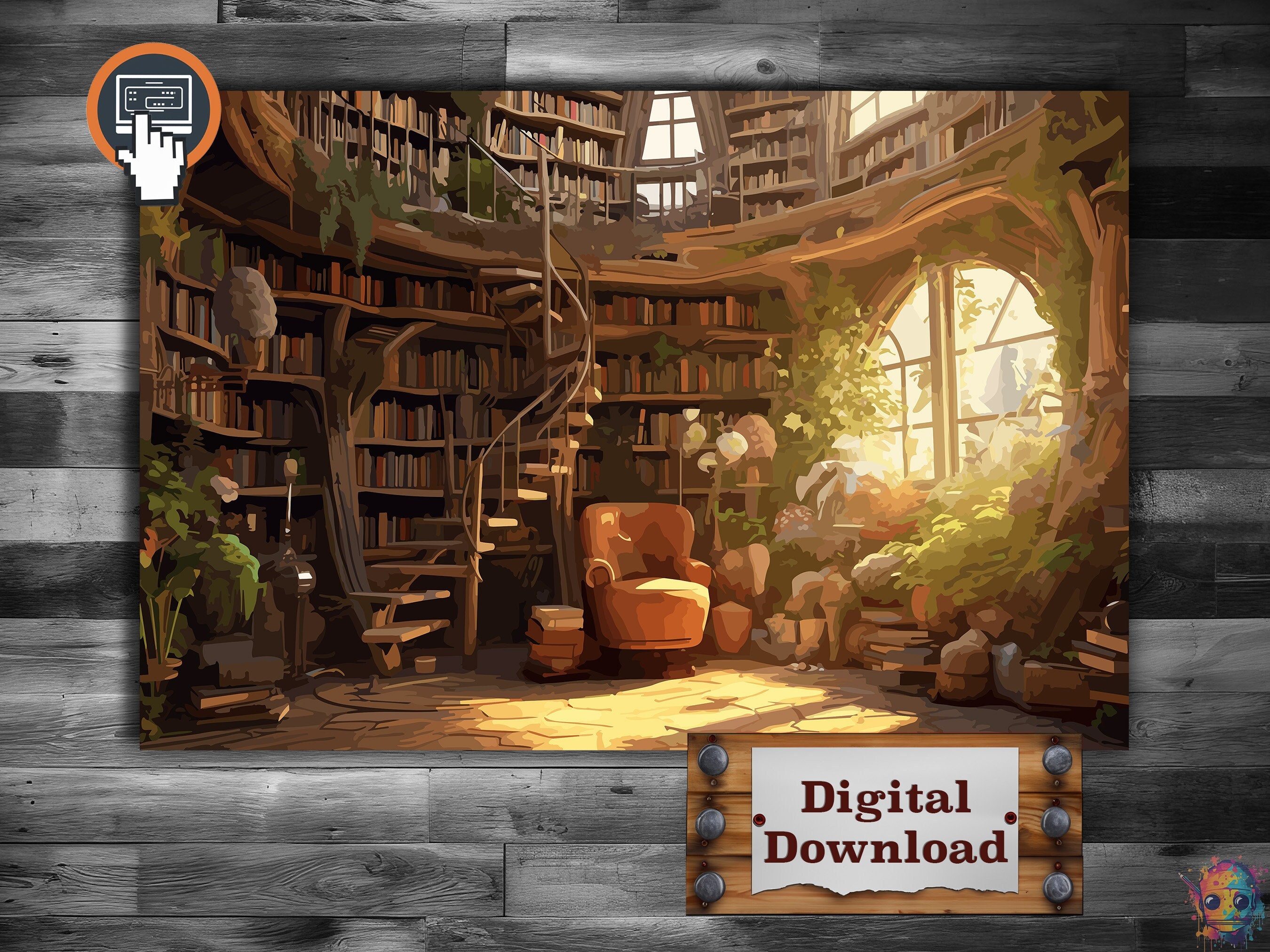Golden Lights in Fantasy Library Digital Download, Lush Green Library ...