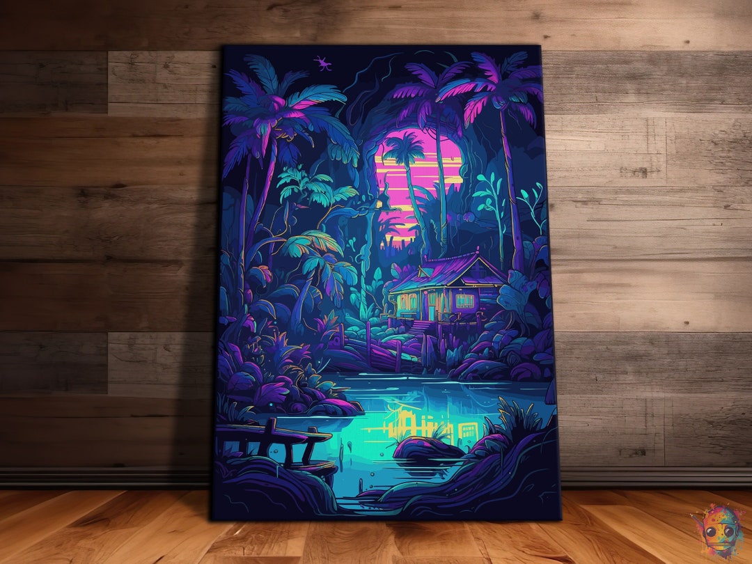 Neon House in the Jungle Wall Art, Neon Canvas, Vaporwave Art Print ...