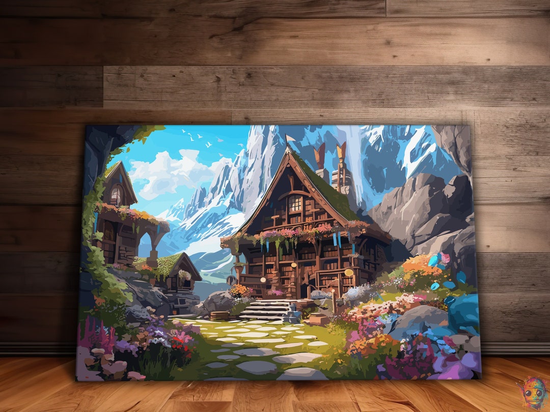 Fantasy Alpine Village Wall Art, Mountain Fantasy Art, Manga Village ...