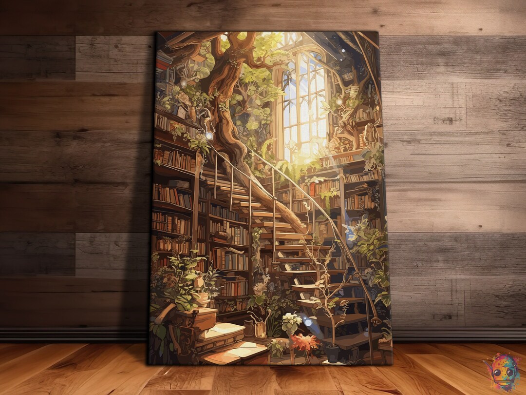 Fantasy Library Wall Art, Lush Green Library Canvas, Manga Library ...