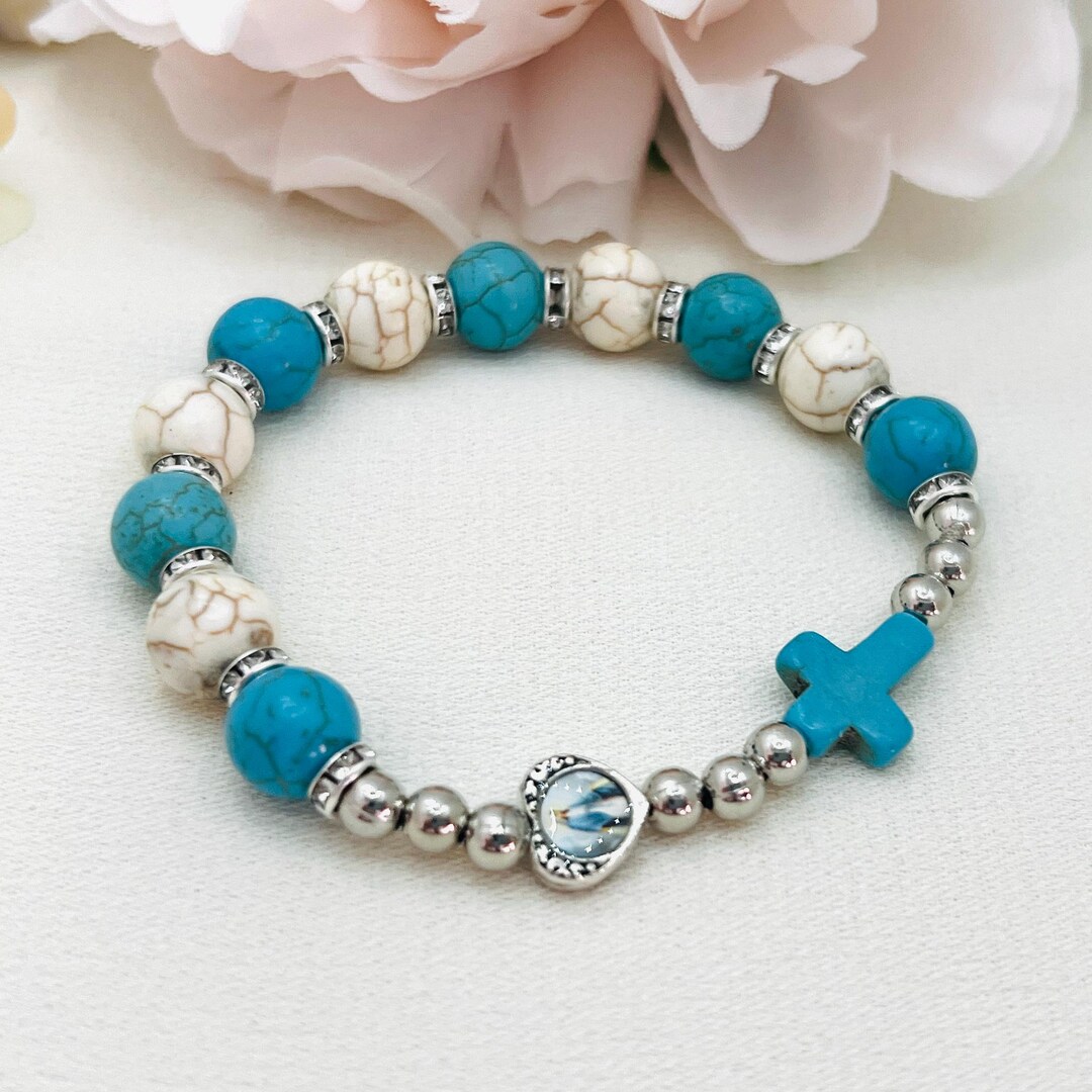 Blue Bead Religious Bracelet, Virgin Mary, First Communion Gift - Etsy