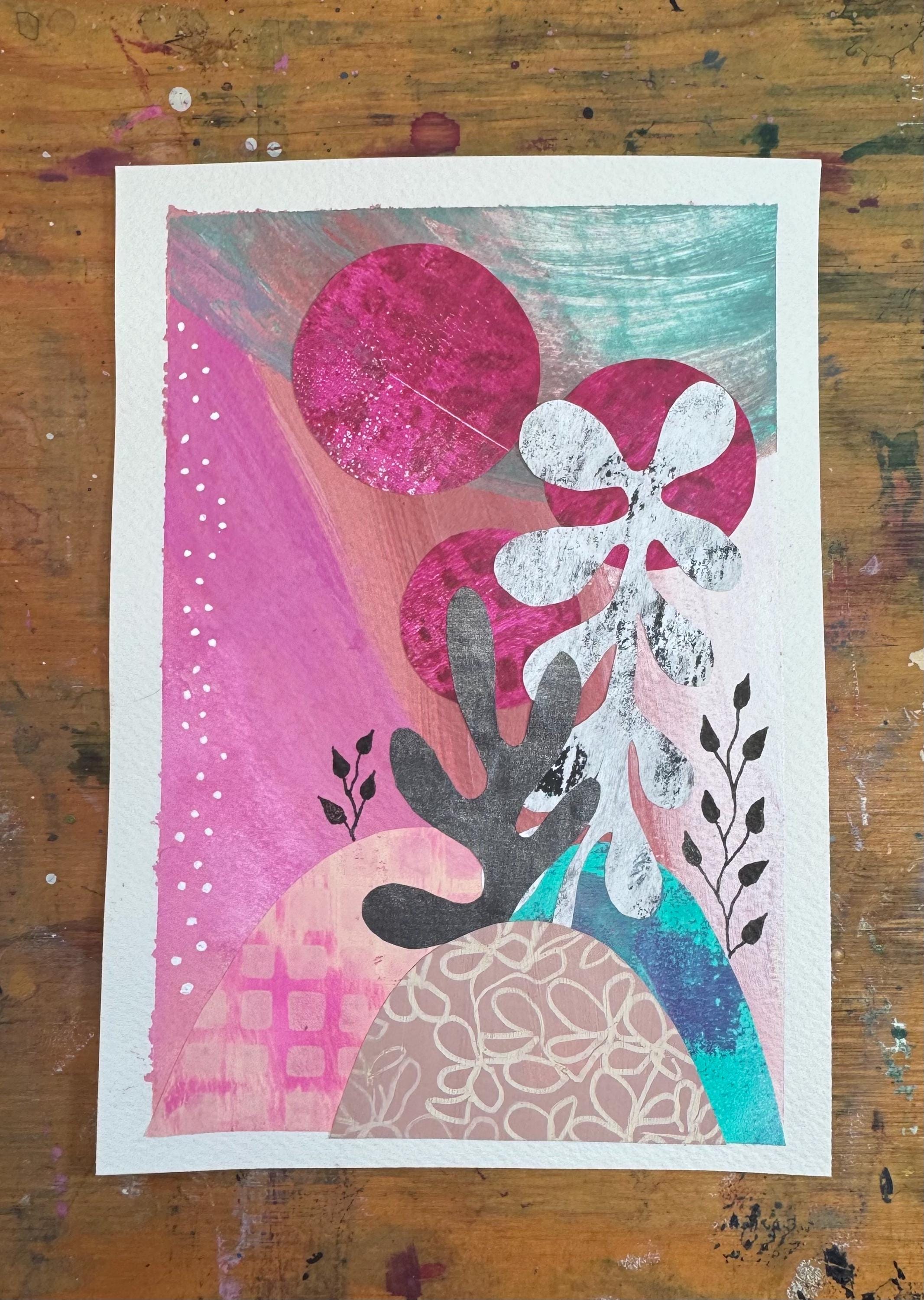 Abstract Pink Landscape Collage Art, Small Mixed Media Abstract Art ...