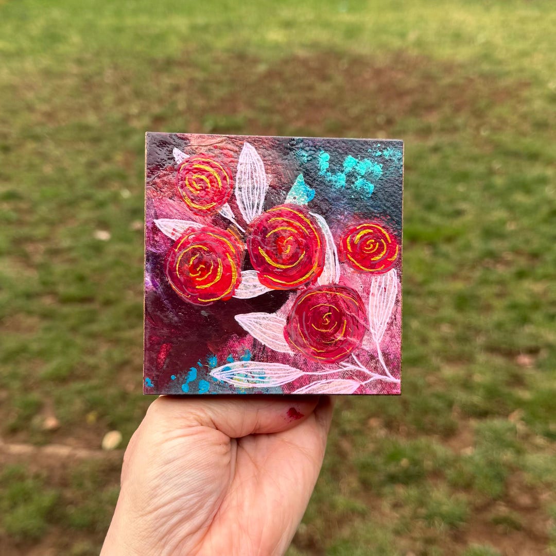 Small Wood Panel Wall Art, Floral Mini Art, Red Pink Turquoise ...