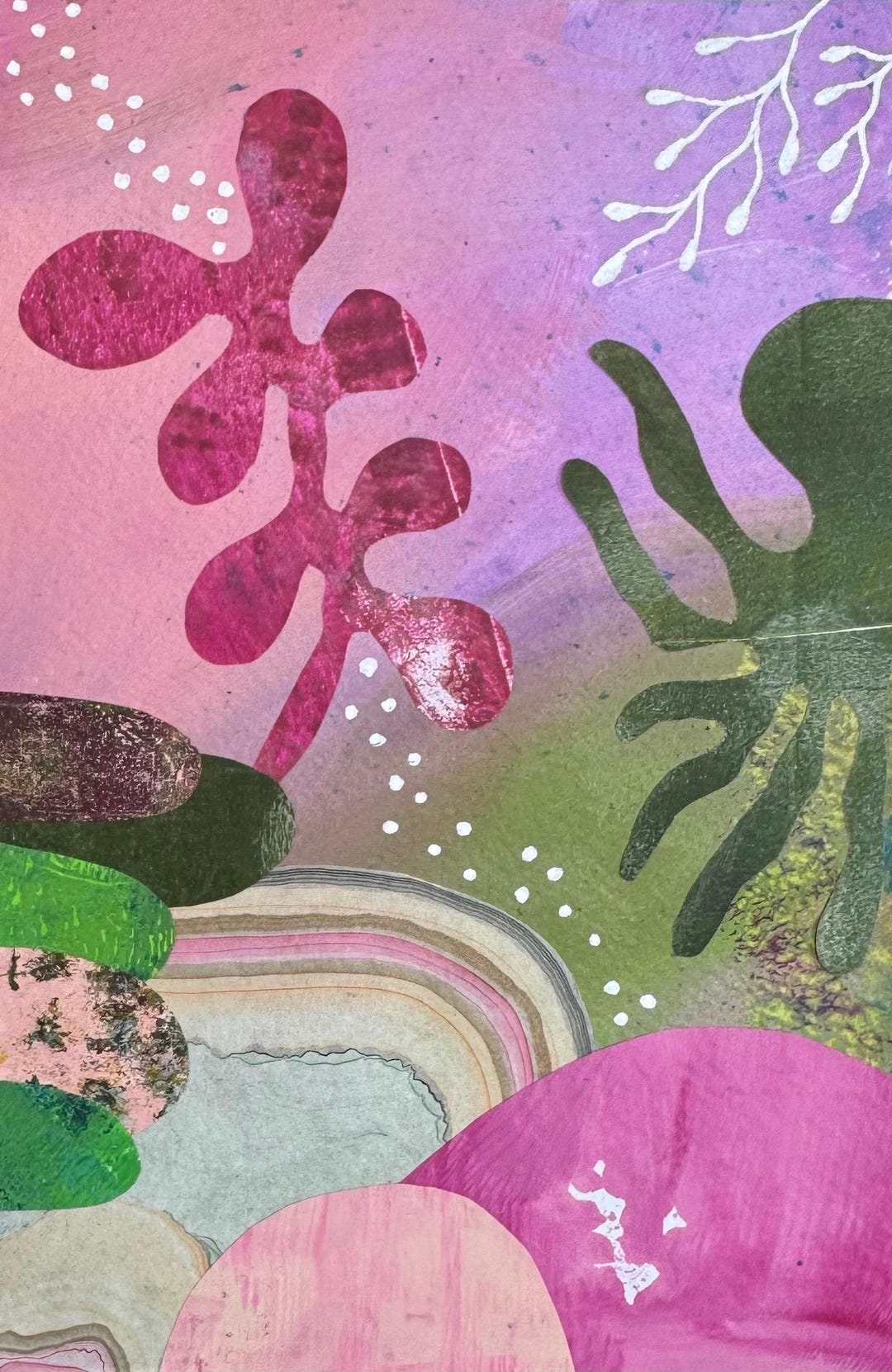 Abstract Pink Green Octopus Under Sea Collage Art, Small Mixed Media ...