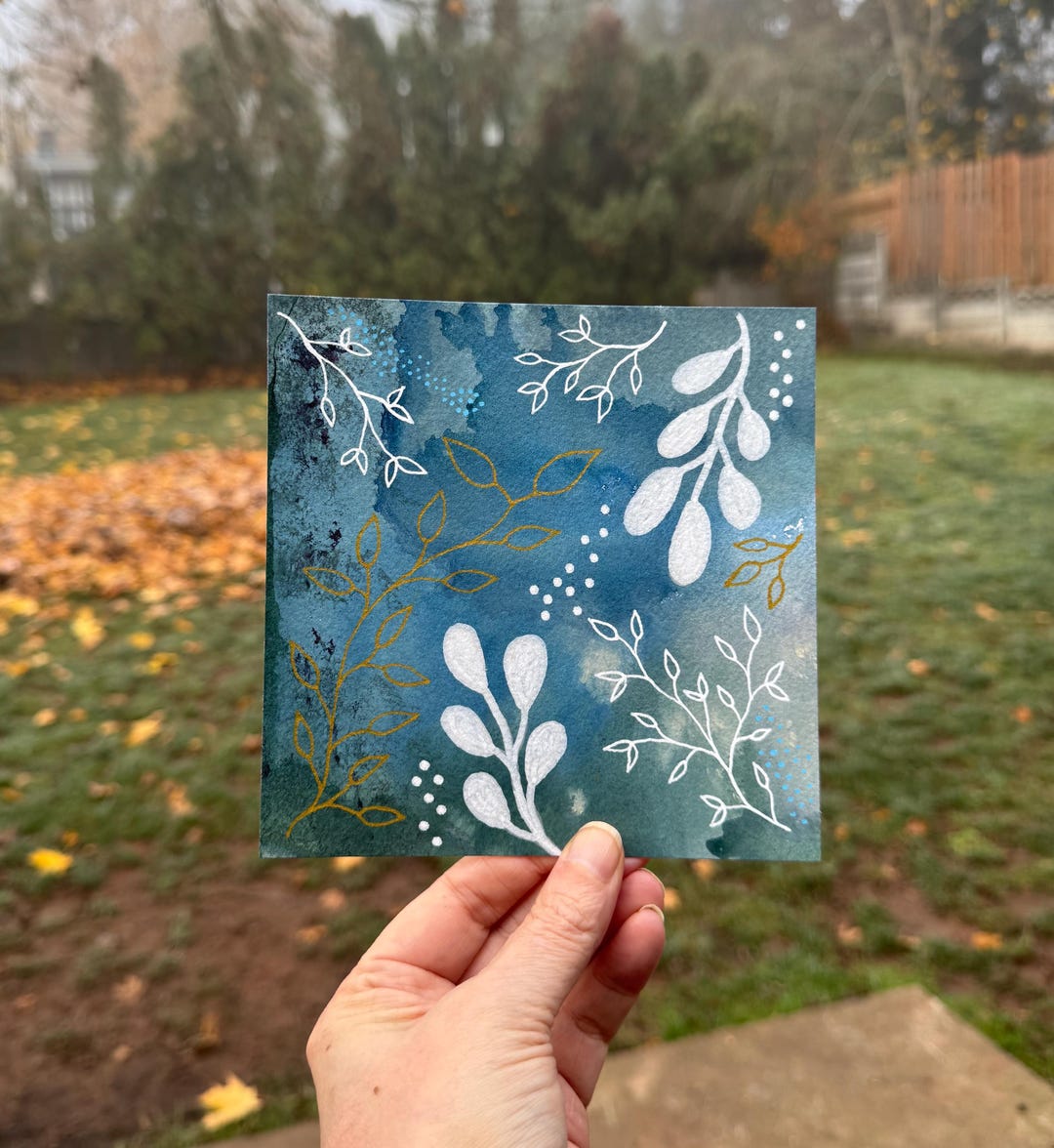 Mini Abstract Painting, Scattered Abstract Leaves in Blues, Gold and ...