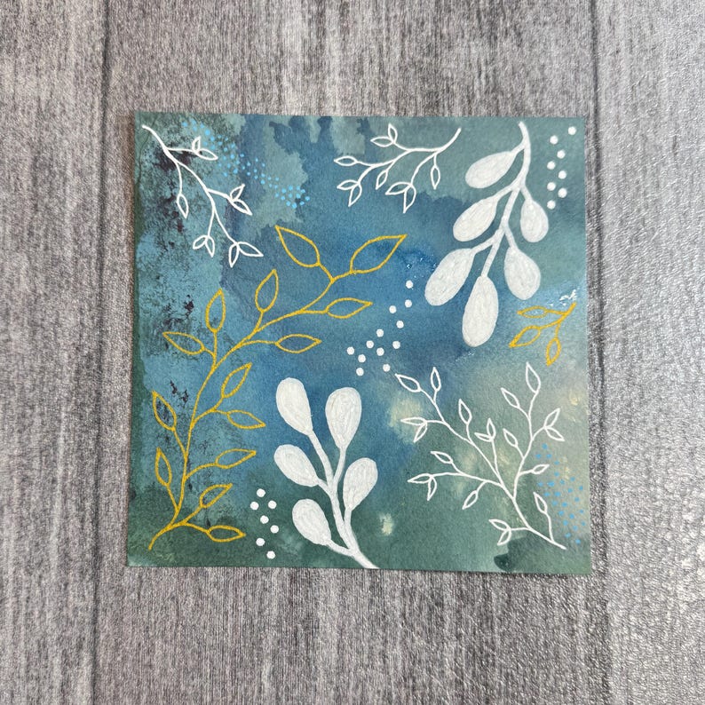 Mini Abstract Painting, Scattered Abstract Leaves in Blues, Gold and ...