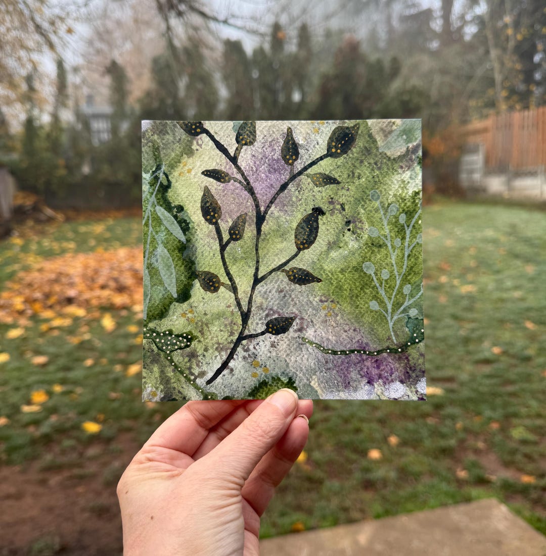 Original Mini Abstract Painting, Botanical Art in Greens and Lavender ...