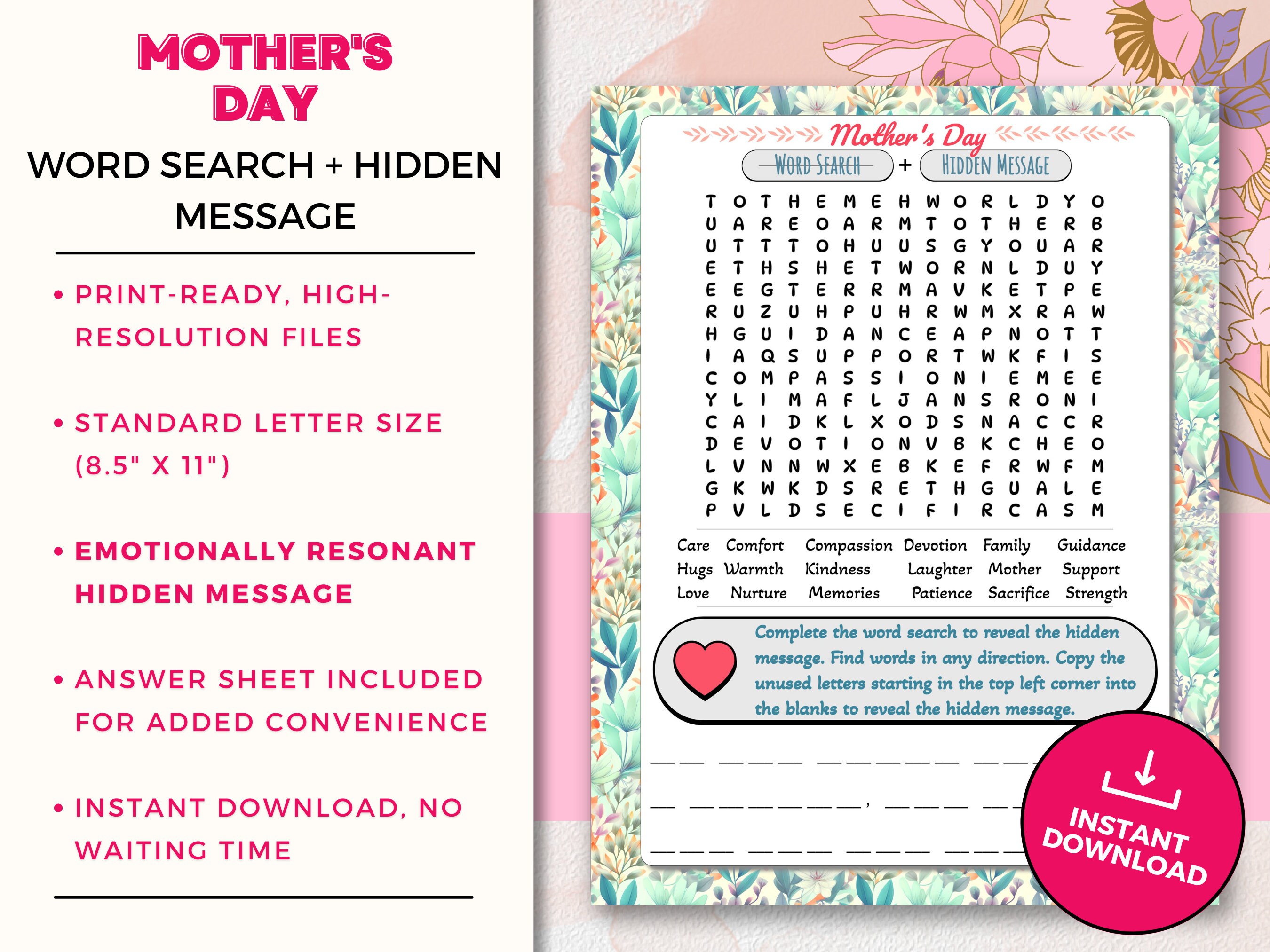 Mother's Day Hidden Message, Word Search Puzzle, Mom Printable, Mothers ...