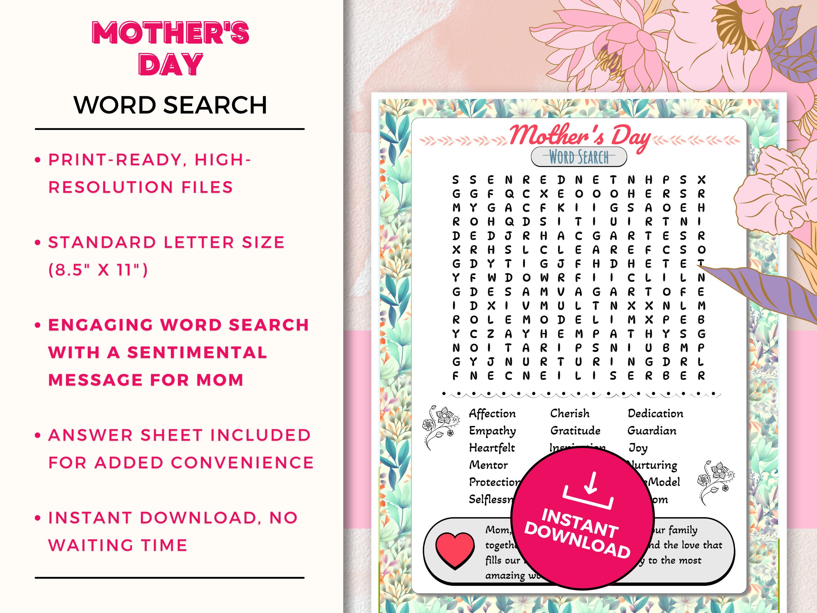 Mother's Day Word Search Puzzle Bundle Heartfelt Hidden Message ...