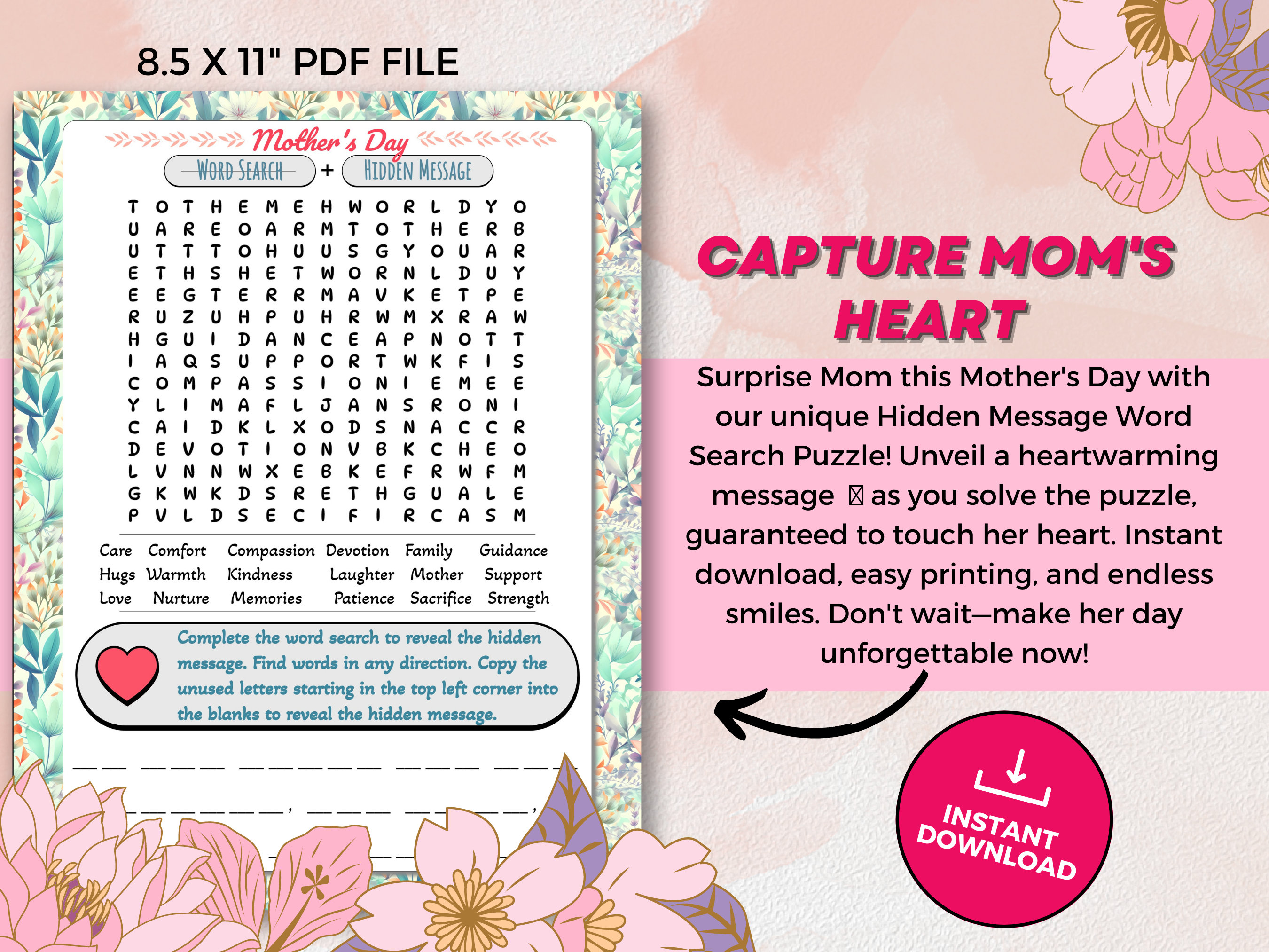 Mother's Day Hidden Message, Word Search Puzzle, Mom Printable, Mothers ...