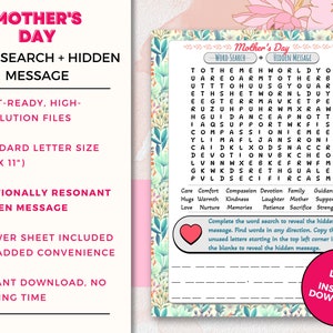 Mother's Day Word Search Puzzle Bundle - Heartfelt Hidden Message ...