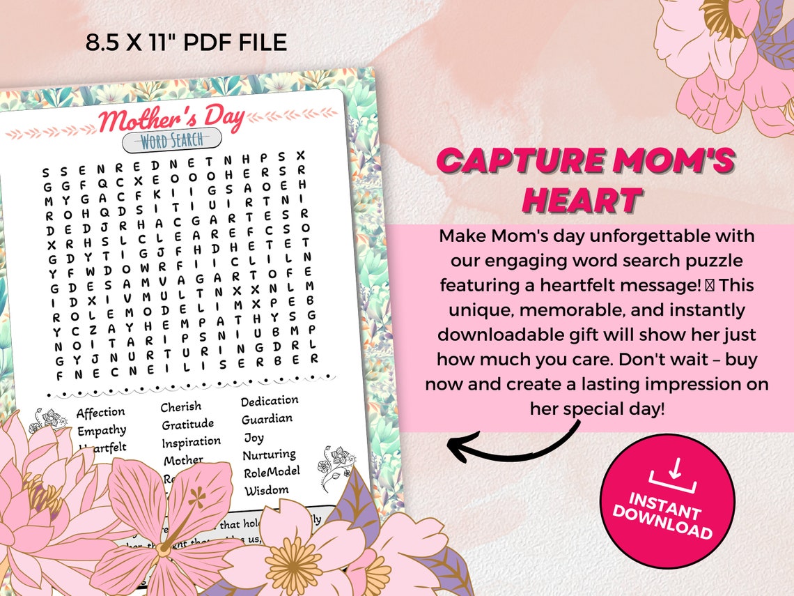 Mother's Day Word Search Puzzle Bundle Heartfelt Hidden - Etsy
