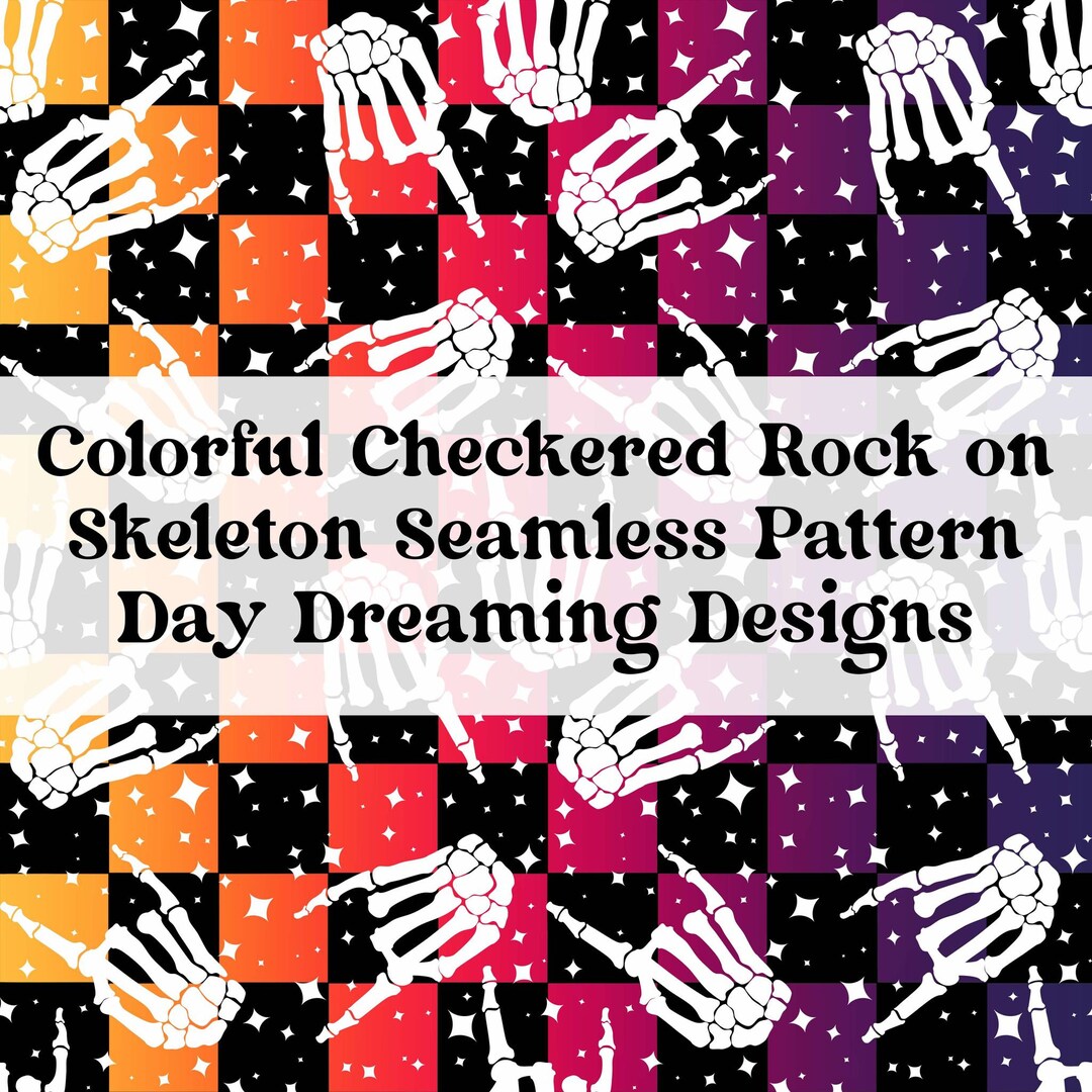 Rock on Skeleton Hand Seamless Pattern: Colorful Checkered Design ...