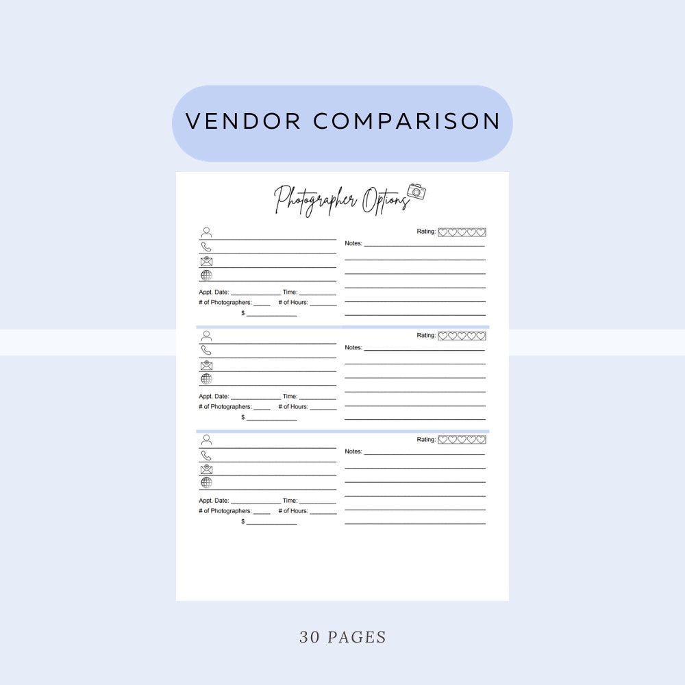 Wedding Vendor Checklist and Comparison Printable, Wedding Planning ...