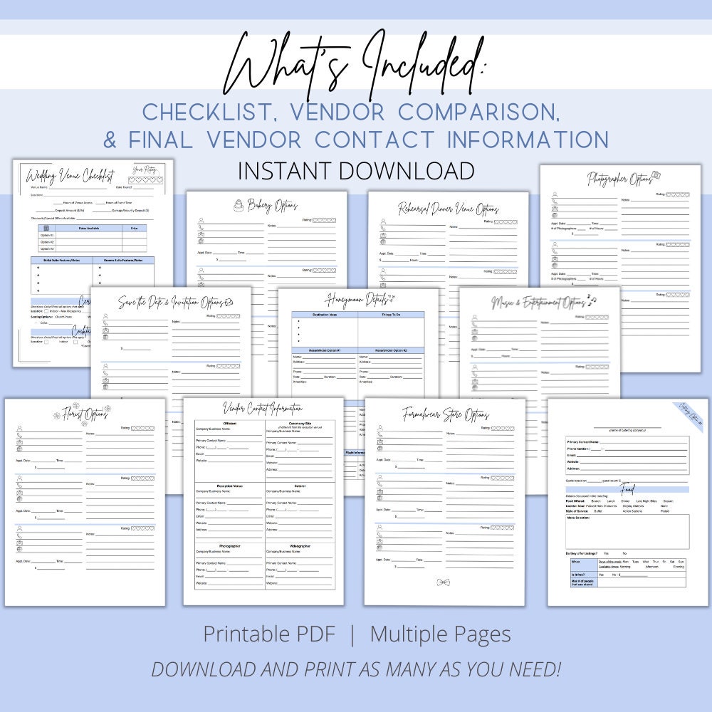 Wedding Vendor Checklist and Comparison Printable, Wedding Planning ...
