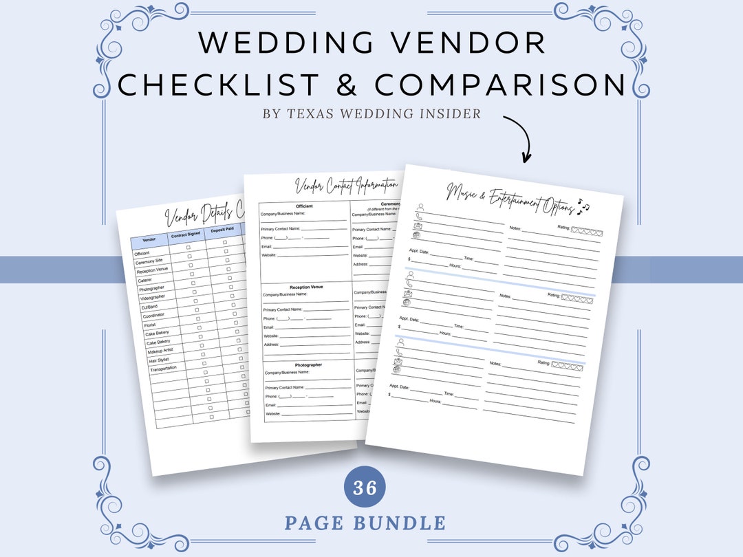 Wedding Vendor Checklist and Comparison Printable, Wedding Planning ...