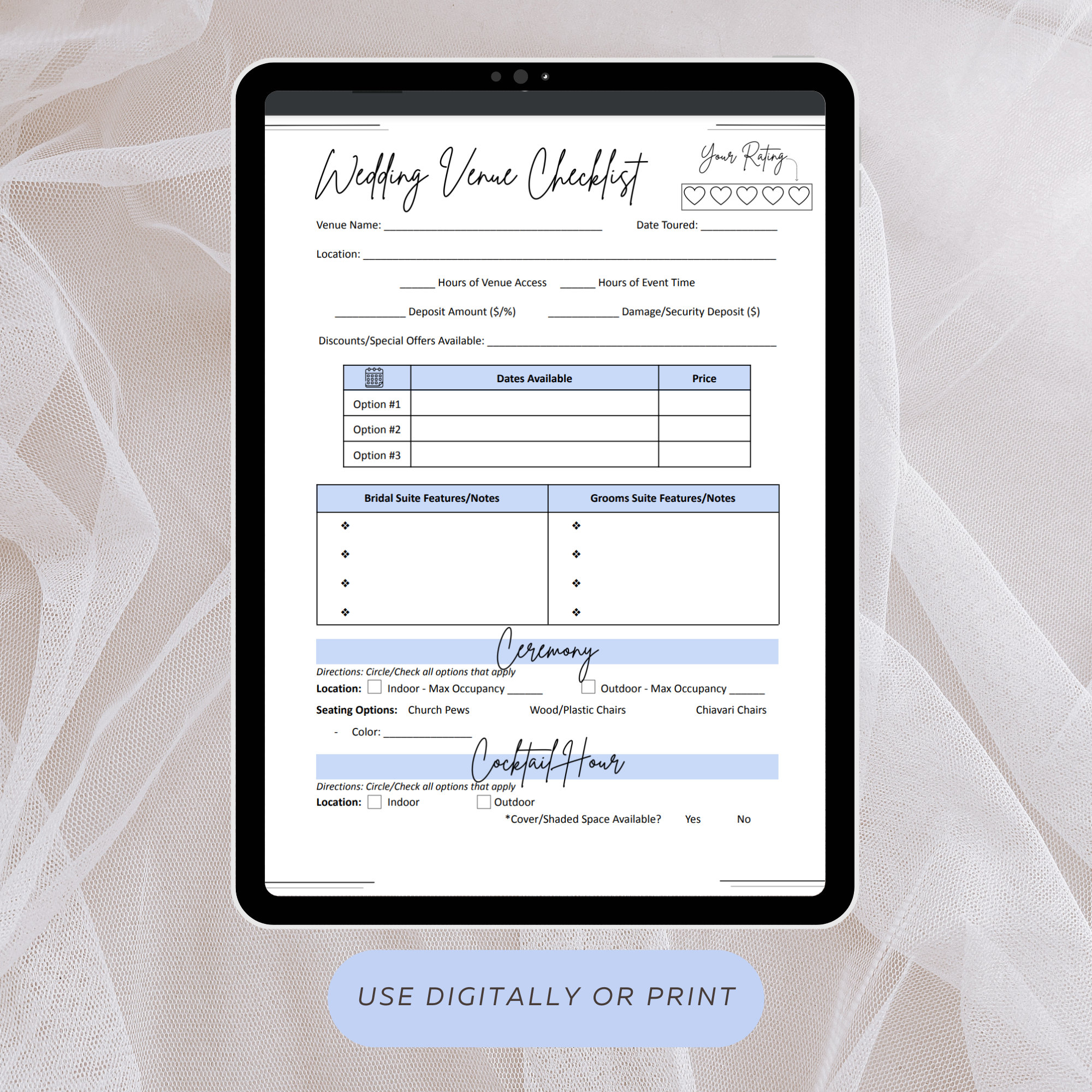 Wedding Venue Tour Checklist Printable PDF Download - Etsy