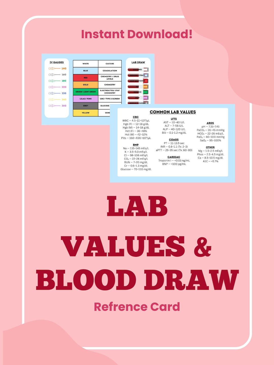 Printable Lab Value & Lab Draw Badge Reference Sheet | Nursing Badge ...