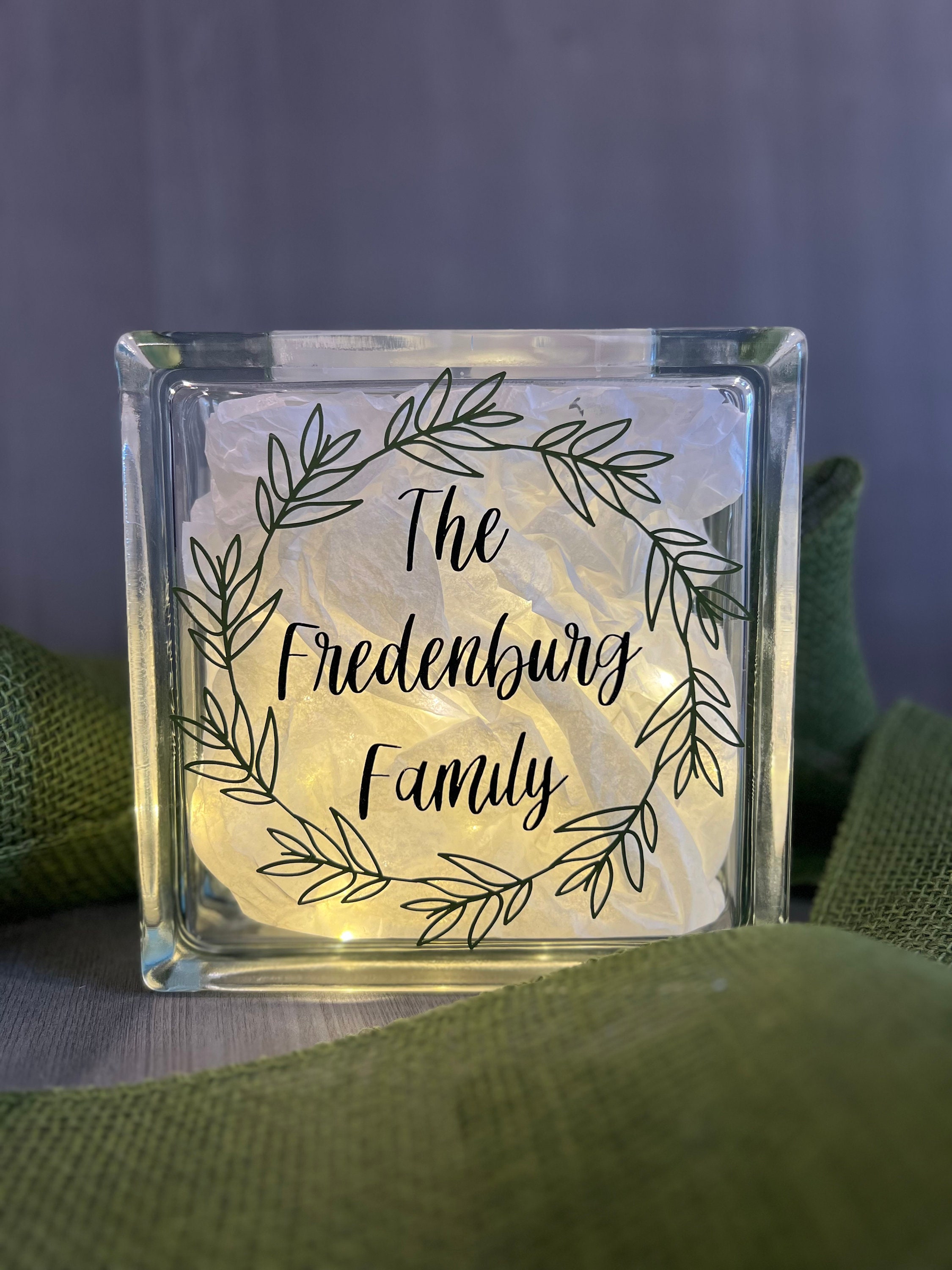 Personalized Greenery Wreath Glass Block Glass Block Light Glass Block ...