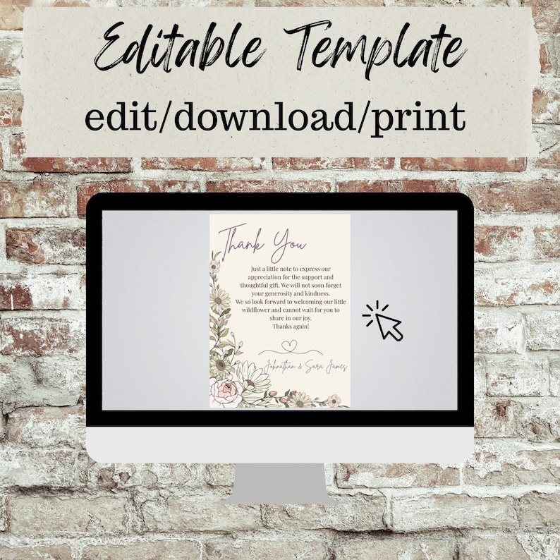 Editable Thank You Card Baby Shower Wildflower(5x7), Printable, Boho ...