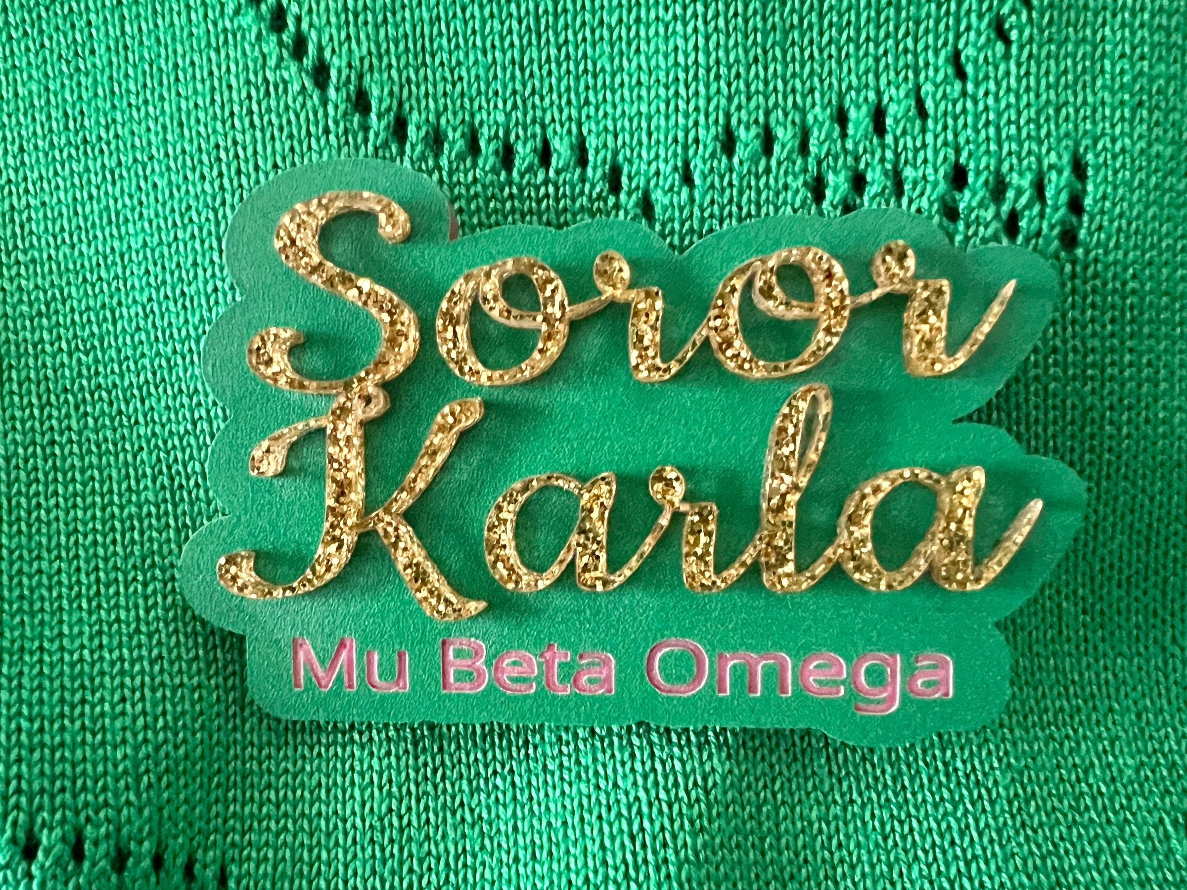 Soror Name Pin, Golden Soror, Soror Name Badge, Pink and Green Lapel ...