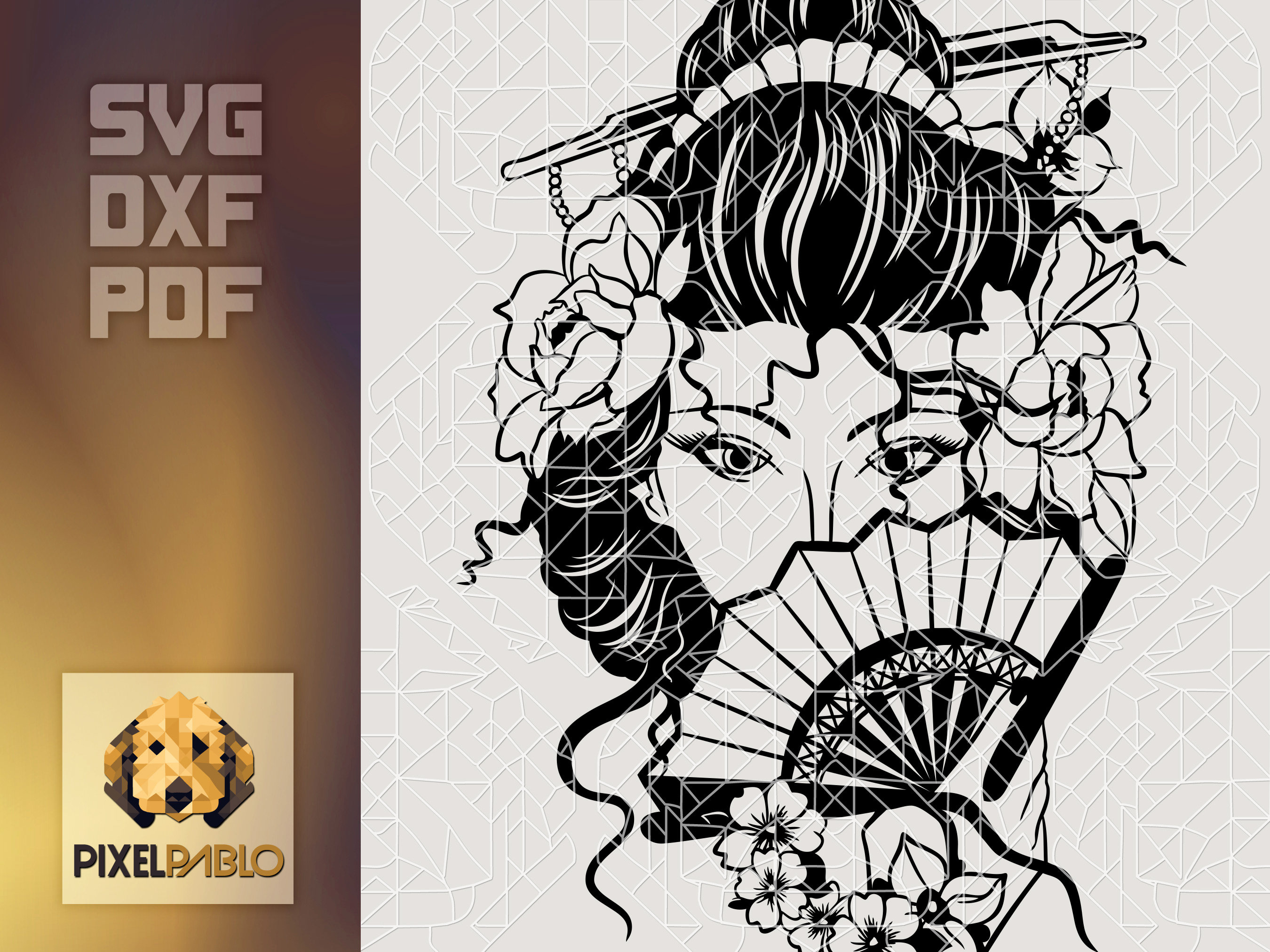 Japanese Geisha With Fan and Flowers | Gothic Steampunk Template ...
