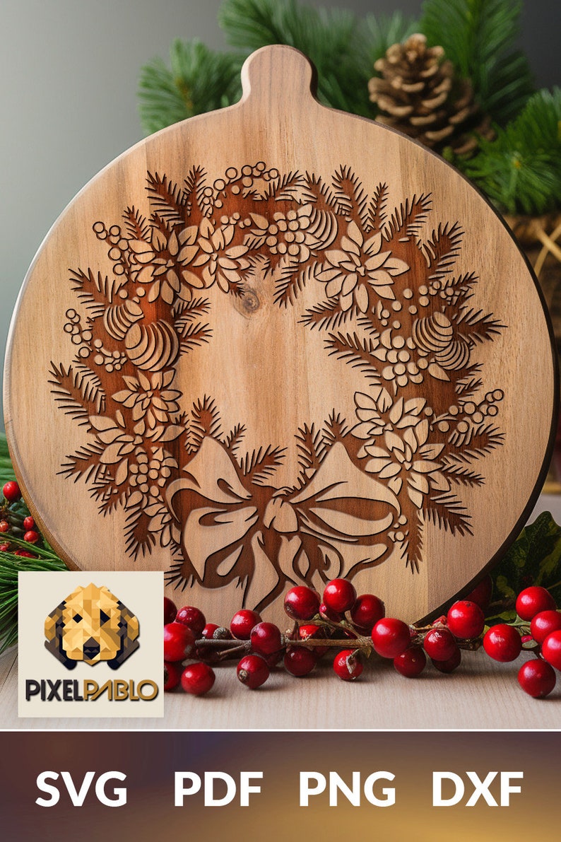 Holiday Wreath Poinsettia Holy Berry SVG File | Detailed Christmas ...