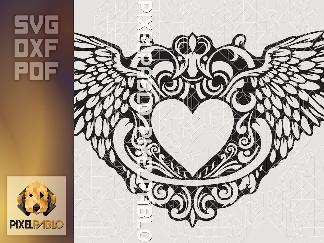 Winged Heart SVG File | Detailed Template Vector Design for Cutting ...