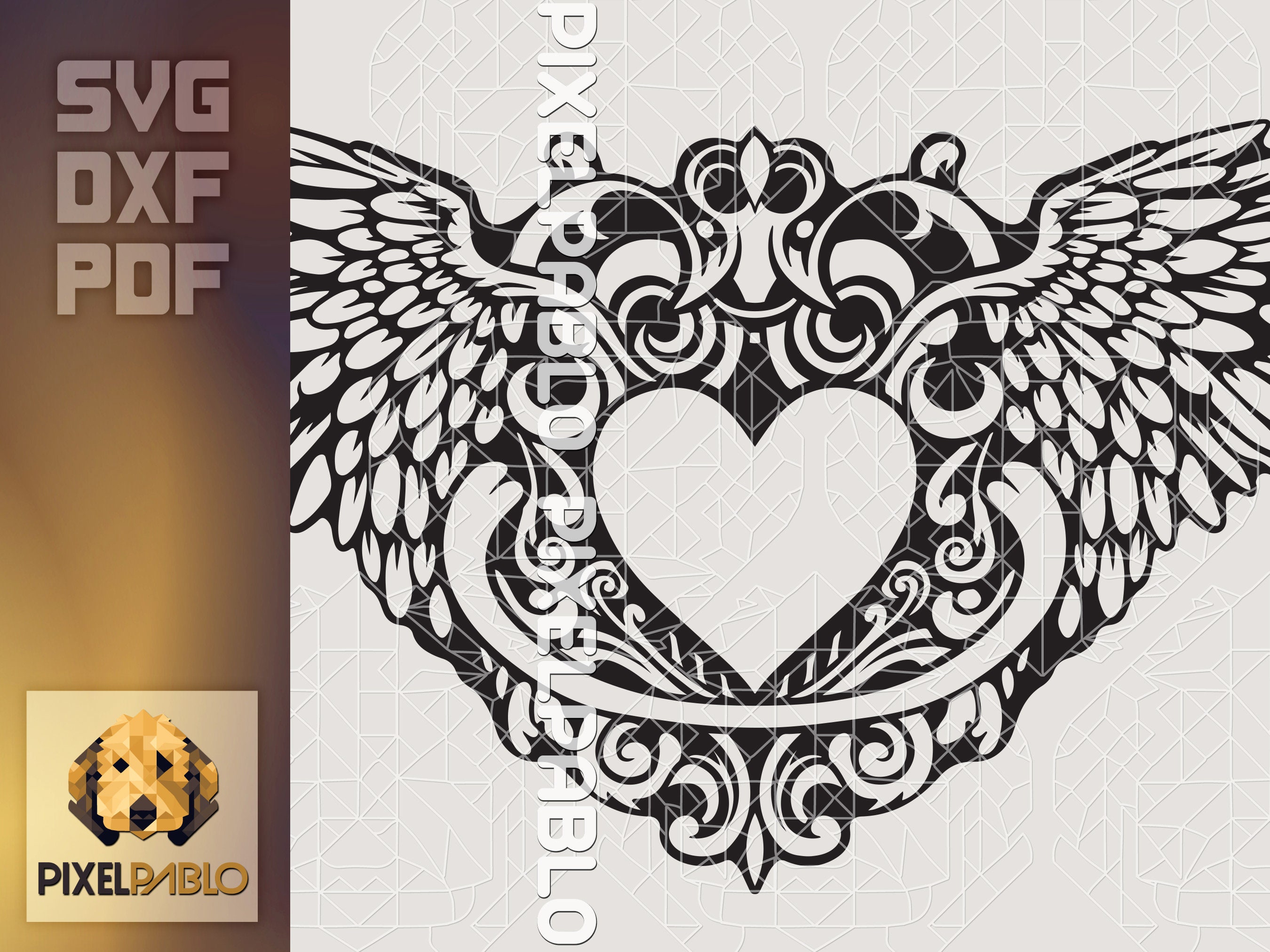 Winged Heart SVG File Detailed Template Vector Design for Cutting ...