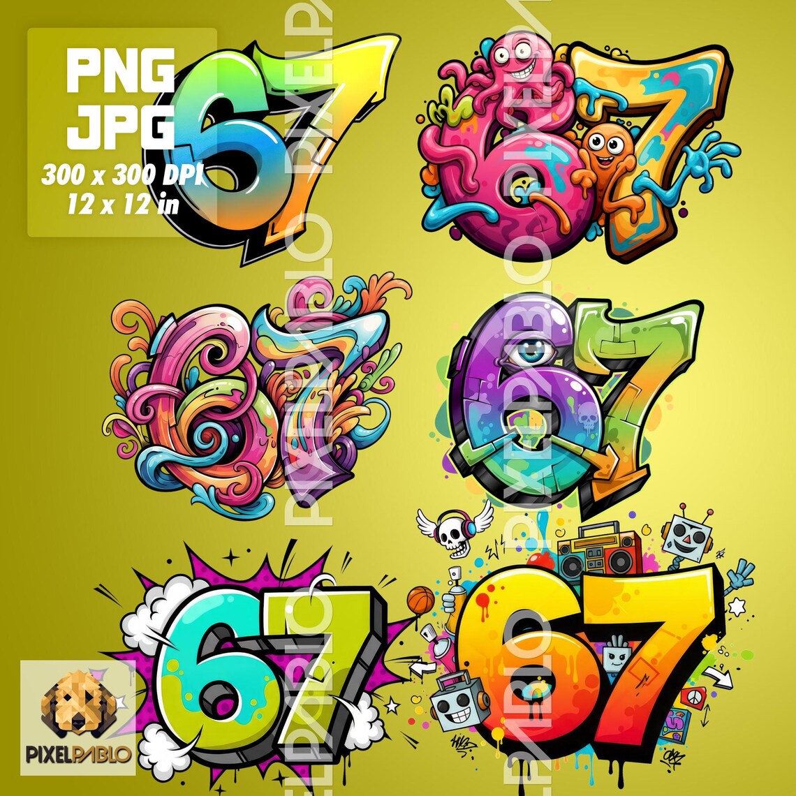 Six Seven Graffiti Art Set - 6 Urban Illustrations, PNG/JPG Files ...