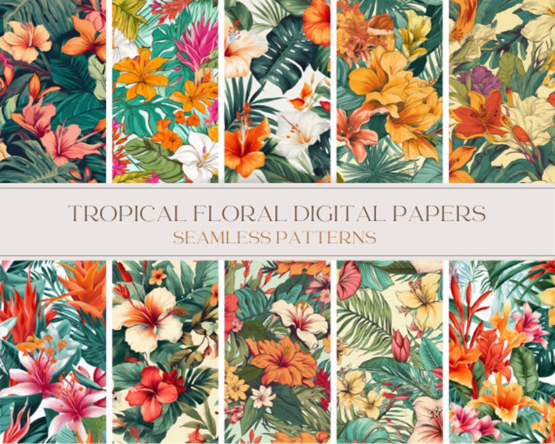 Tropical Floral Digital Paper - SEAMLESS PATTERN - Tropical Flower ...