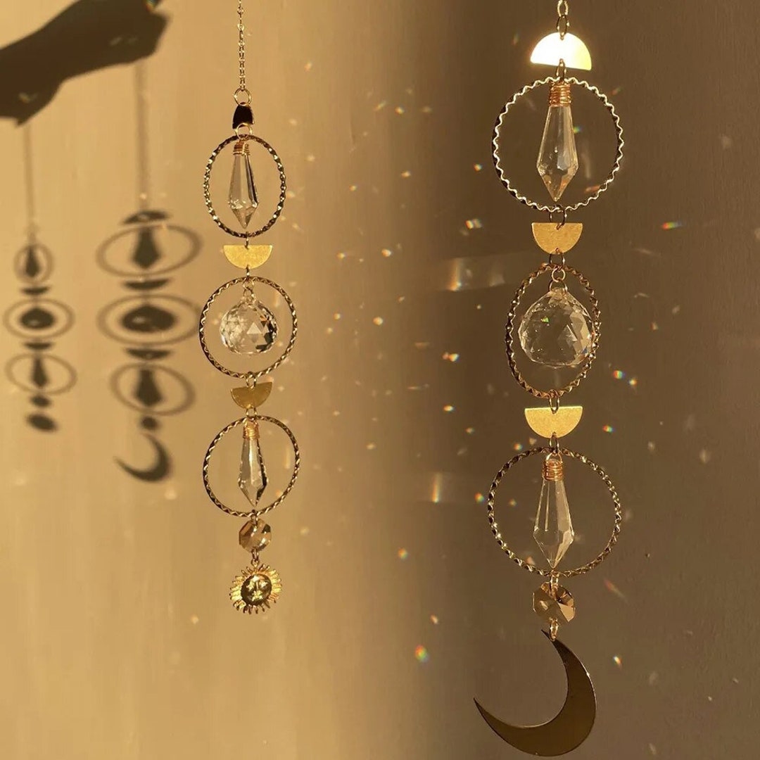 Crystal Sun Moon Catcher: Hanging Window Decor, Boho Style, Rainbow ...