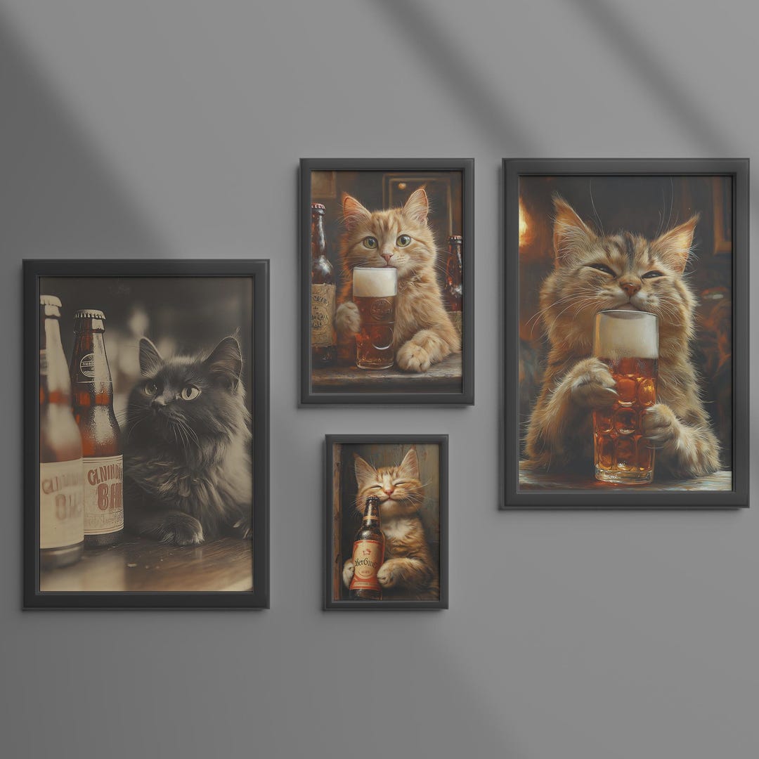 Printable Wall Art, Cat Pub Vibes: Set of 4 Cat Drinking Beer Art ...
