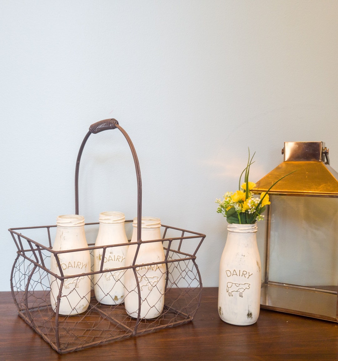 Glass Milk Bottle Vase, Rustic Vintage Style Vase, Home Decor, Country ...