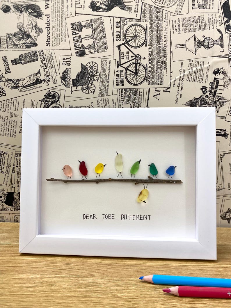 Dear Tobe Different- Rainbow Bird - Handmade Sea Glass Frame - Birds on ...
