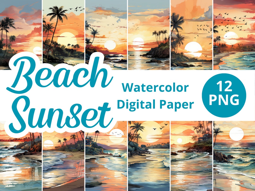 Watercolor Beach Sunset | Digital Paper Pack | Beach Sunset Printable ...