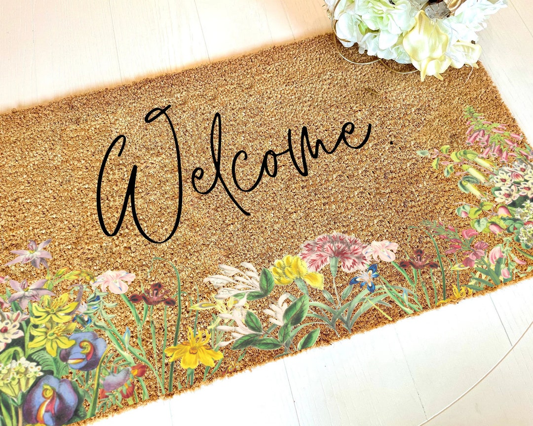 Welcome Script Doormat, Flocked Coir Outdoor Welcome Mat, Floral Door ...