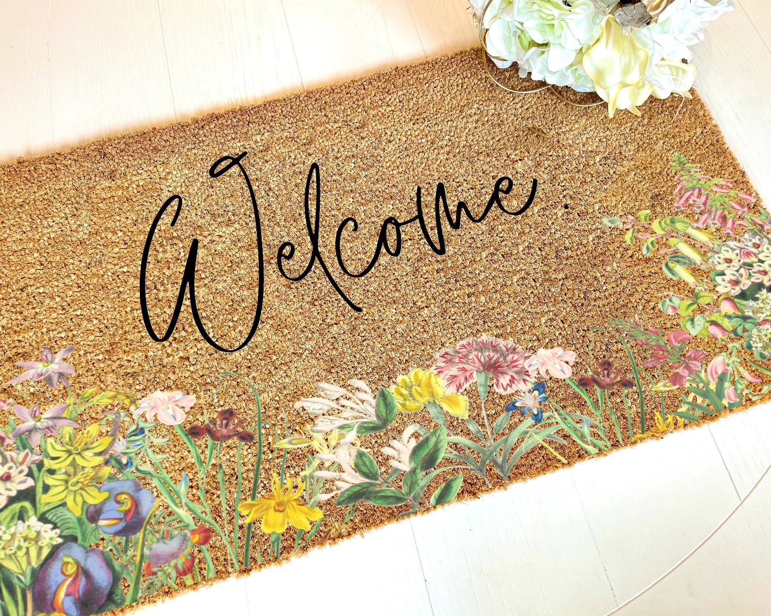 Welcome Script Doormat, Flocked Coir Outdoor Welcome Mat, Floral Door ...