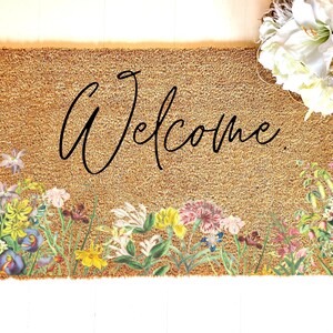 Welcome Script Doormat, Flocked Coir Outdoor Welcome Mat, Floral Door ...