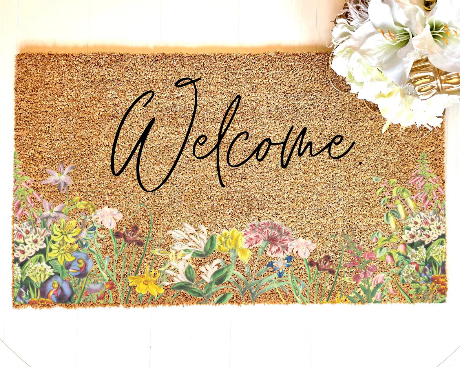 Welcome Script Doormat, Flocked Coir Outdoor Welcome Mat, Floral Door ...