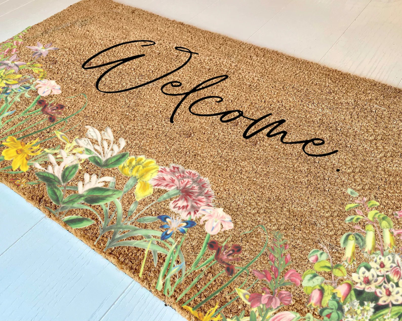 Welcome Script Doormat, Flocked Coir Outdoor Welcome Mat, Floral Door ...