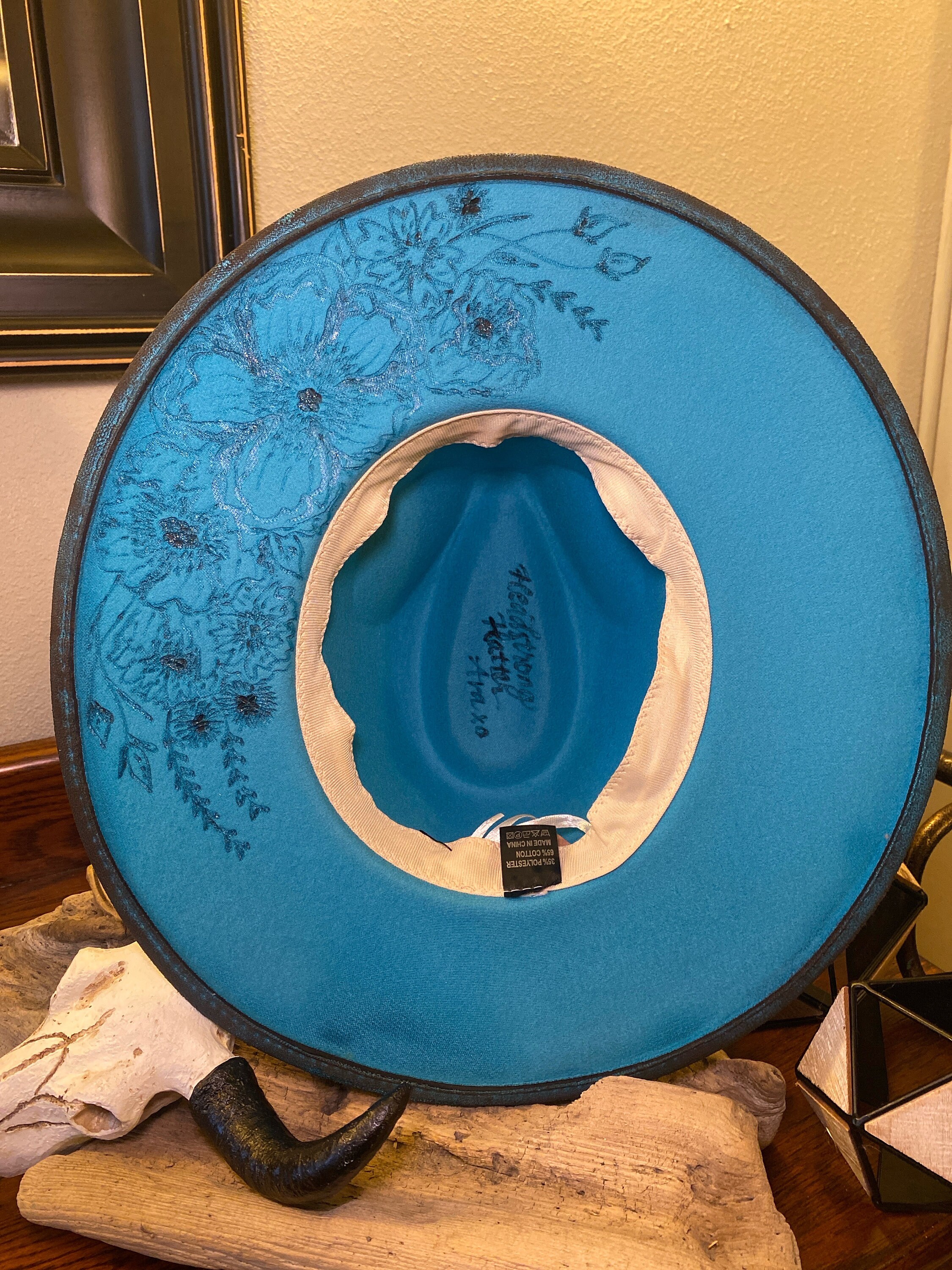 Hand Burned and Distressed Turquoise Wide Flat Brim Rancher Fedora Hat ...