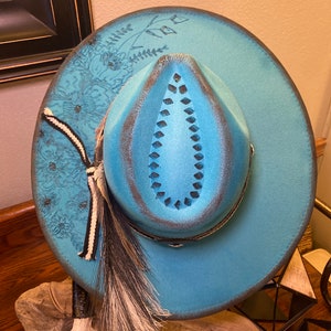 Hand Burned and Distressed Turquoise Wide Flat Brim Rancher Fedora Hat ...